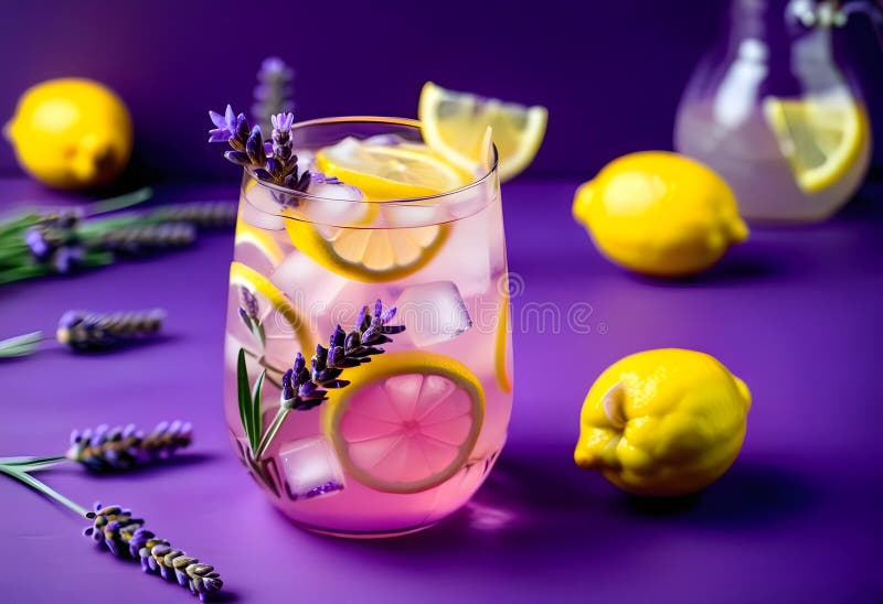 Lavender Lemonade with Ice and Lemon in the Drinking Glass Stock ...