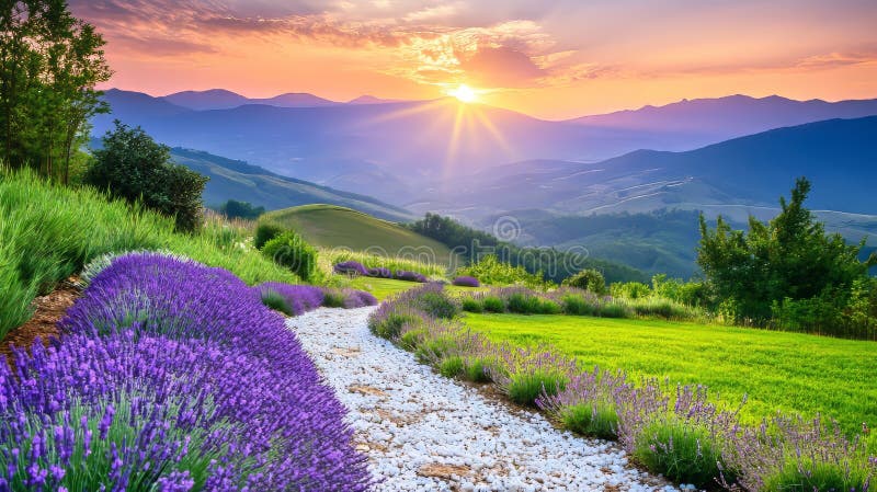 Lavender and Mountain View Garden with Serenity Stock Photo - Image of ...