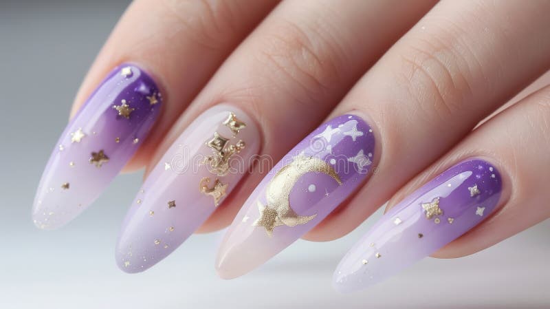 Elegant Lavender and Gold Starry Night Manicure Design for Fashion and ...