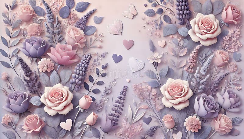Lavender and Pastel Pink Floral Backdrop with Scattered Hearts and ...