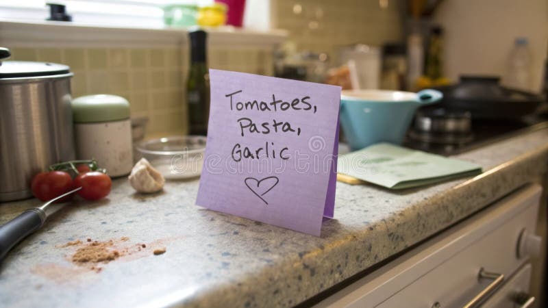 A Lavender Sticky Note Sits Prominently on a Crowded Kitchen Counter ...