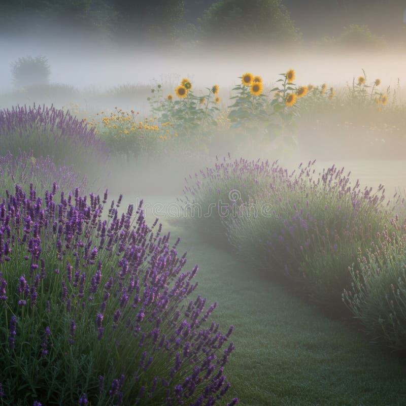 Lavender and Sunflower Field in Morning Mist Stock Illustration - Illustration of sunrise ...