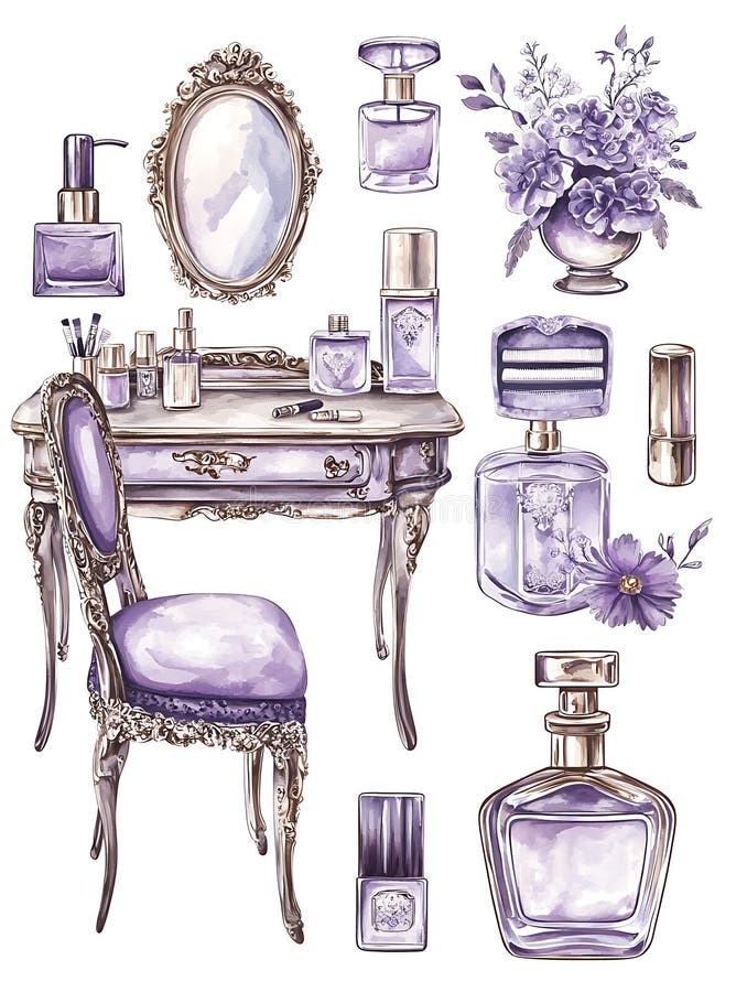 Lavender Vanity Set with Perfume Bottles, Makeup, and Chair Stock ...