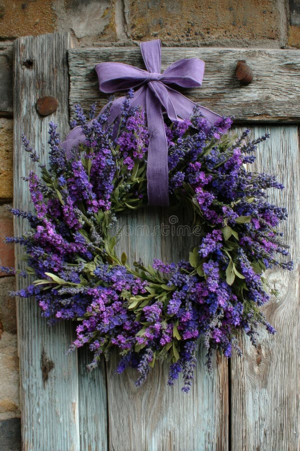 Lavender Wreath on Rustic Wooden Door Stock Illustration - Illustration ...
