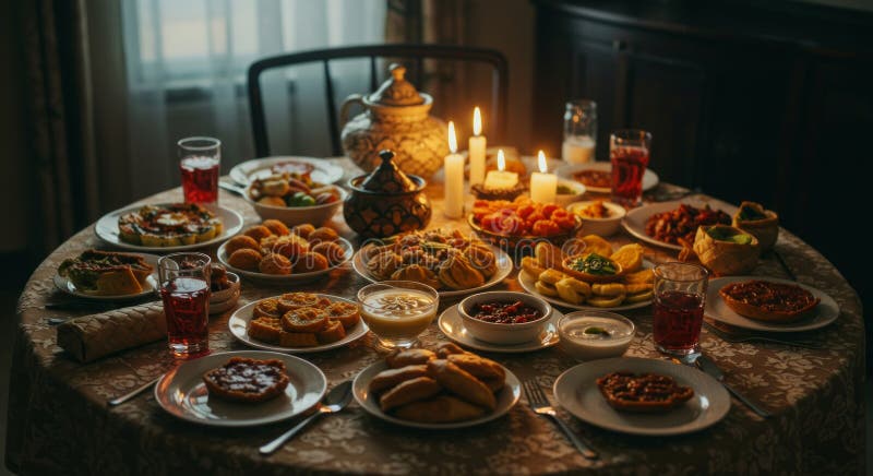 A Lavish Candlelit Dinner Table Abundantly Loaded with Delicious Food ...