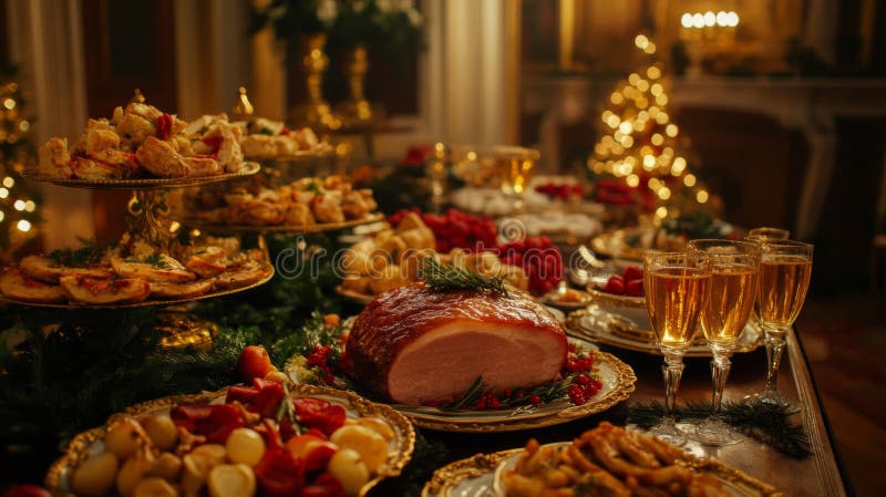 Lavish Christmas Feast on Ornate Table Stock Illustration ...