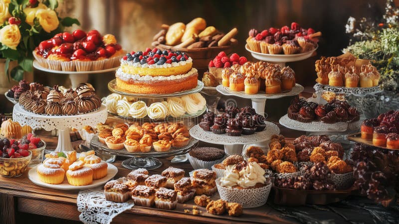 Lavish Dessert Table Filled with Cakes, Pastries, and Sweets in Cozy ...