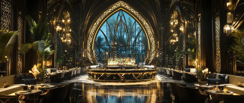 Lavish Golden Bar Decor Highlighting Cityscape Artwork Stock Image ...