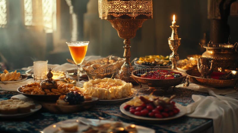 Lavish Golden-lit Feast on Ornate Table Stock Illustration ...