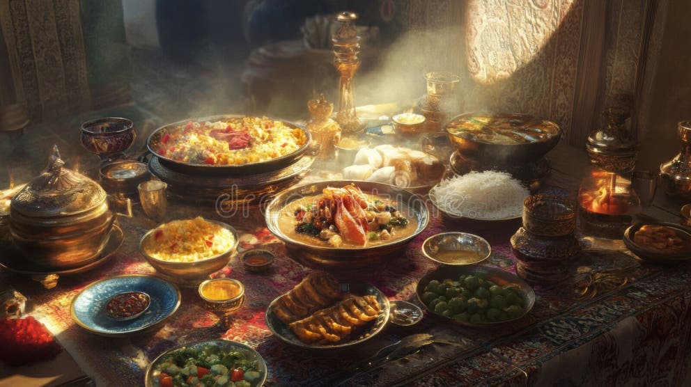 A Lavish Golden-Lit Feast: a Sumptuous Table Setting with an Array of ...