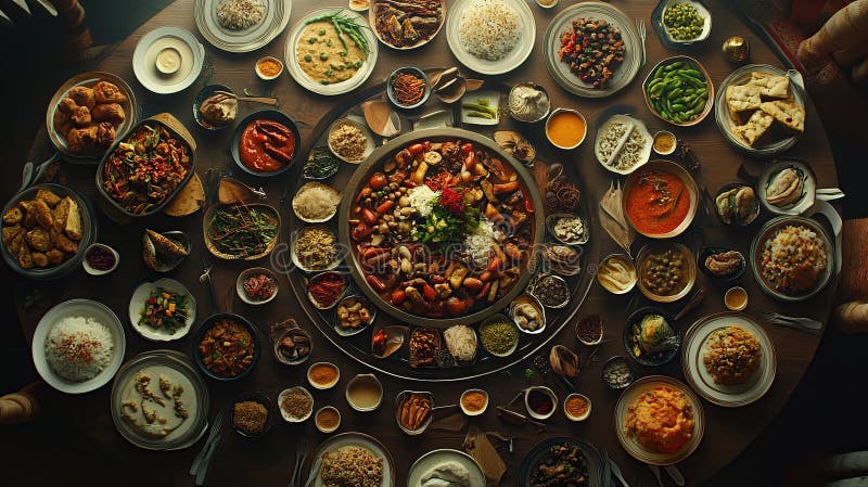 Lavish Indian Feast, Circular Table, Overhead View, Restaurant Stock ...