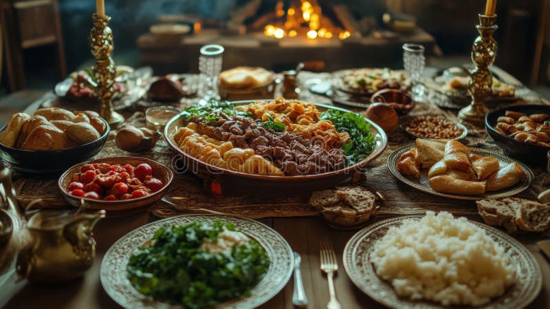 Lavish Medieval Feast Table Abundant Food Stock Illustration ...