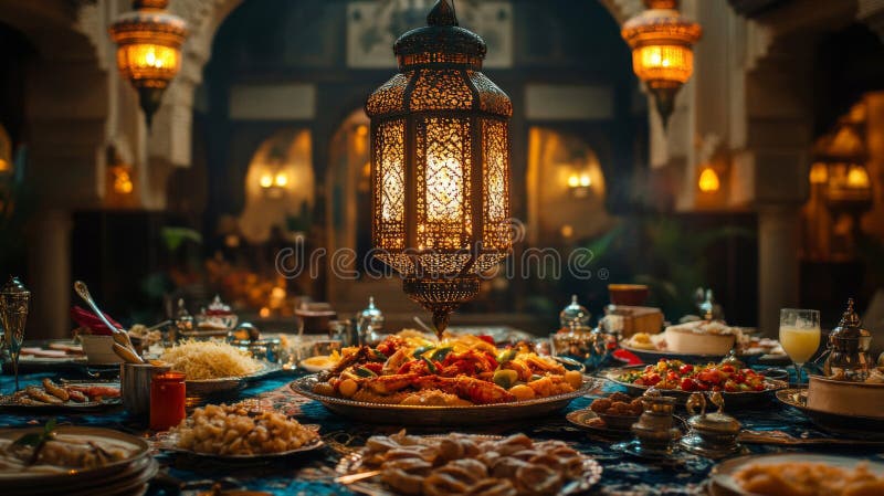 Lavish Moroccan Feast Underneath Elegant Lantern Stock Illustration ...
