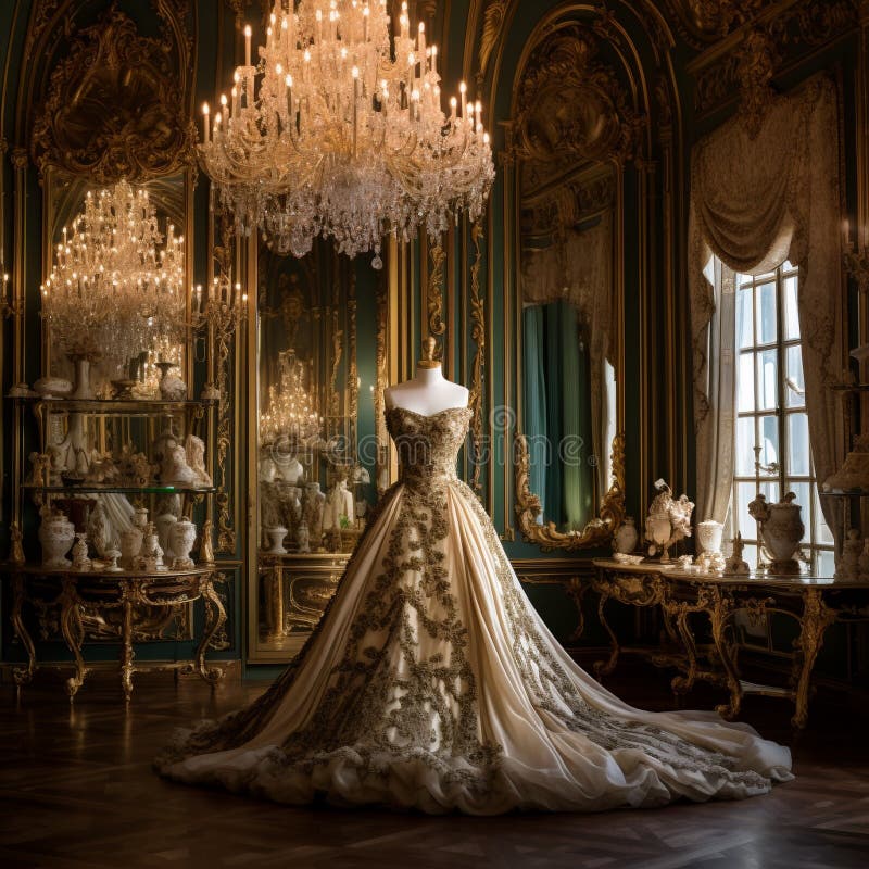 Lavish, Regal Dressing Room with Tailor Fitting Magnificent Gown Stock ...