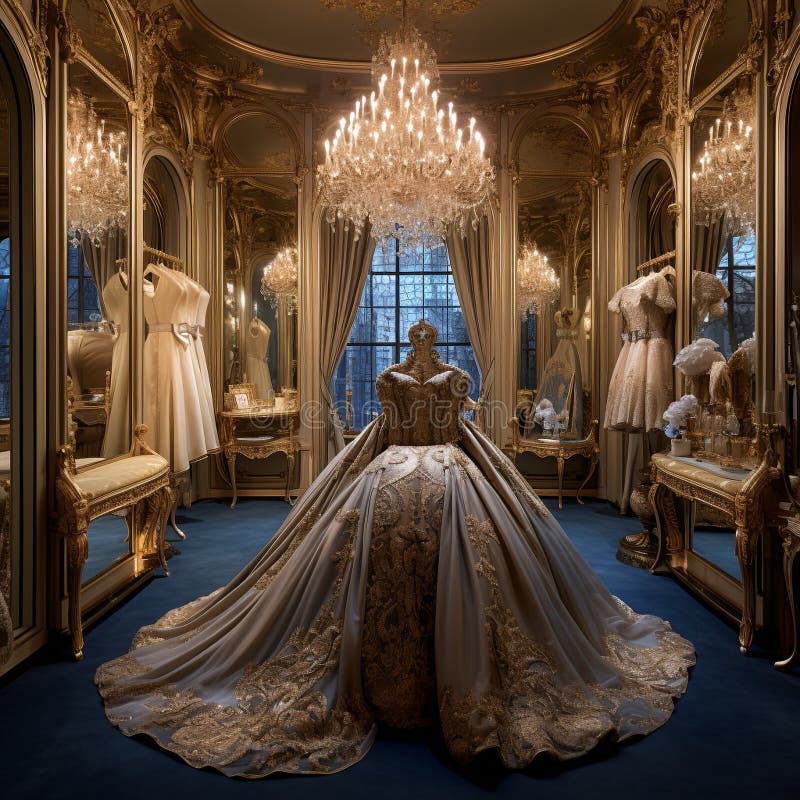 Lavish, Regal Dressing Room with Tailor Fitting Magnificent Gown Stock ...