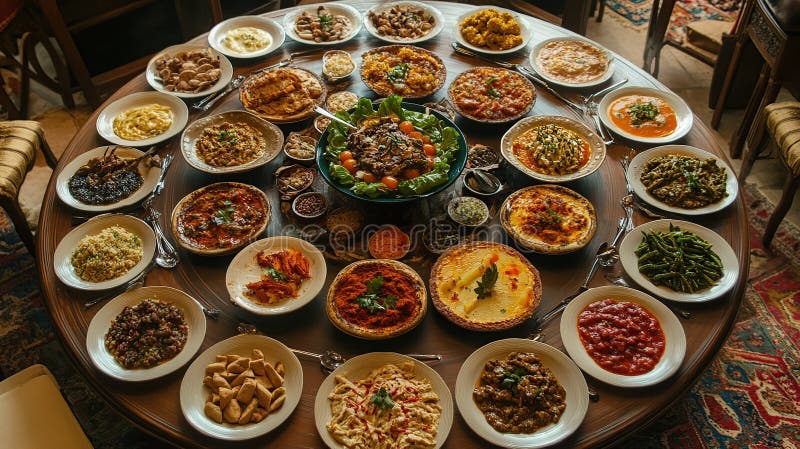 Lavish Round Table Food Feast, Interior Setting Stock Illustration ...