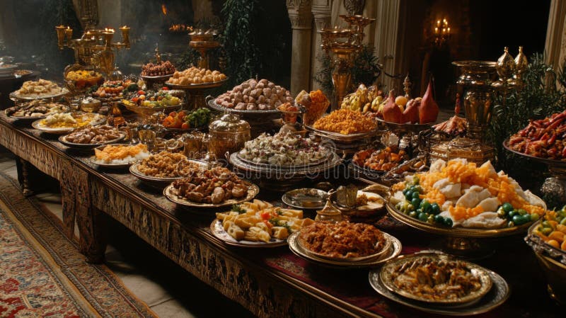 A Lavish Royal Banquet Table Laden with Diverse Dishes Stock ...
