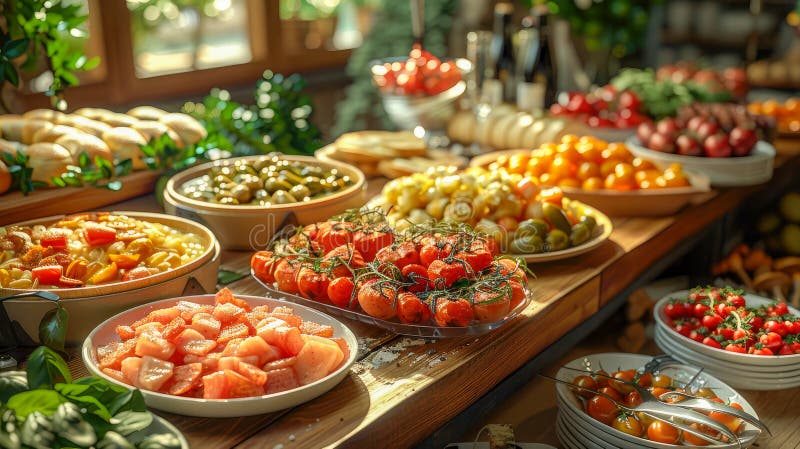 A Lavish Spread of Various Dishes on a Table in a Sunlit Room, Creating ...