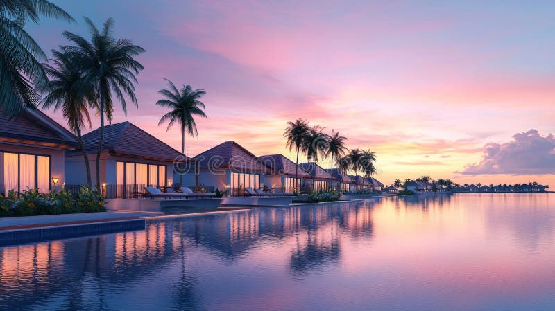 A Lavish Tropical Beach Resort Featuring Overwater Bungalows at Dusk ...
