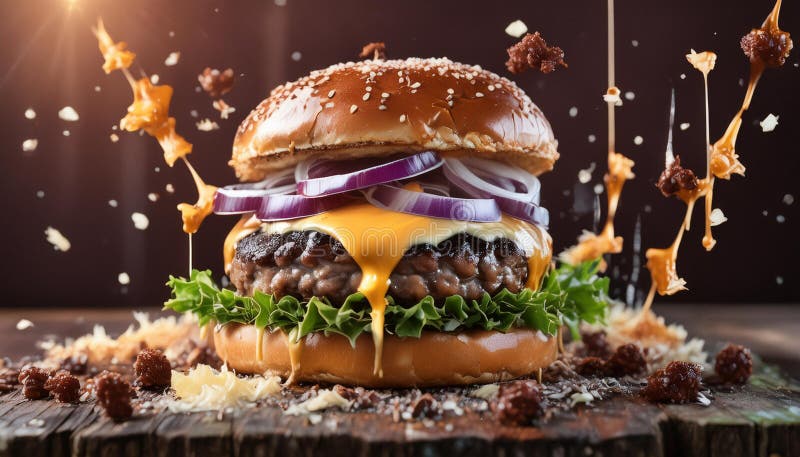 A Lavishly Topped, Dripping Juicy Burger with Cheese Flowing Down Stock ...