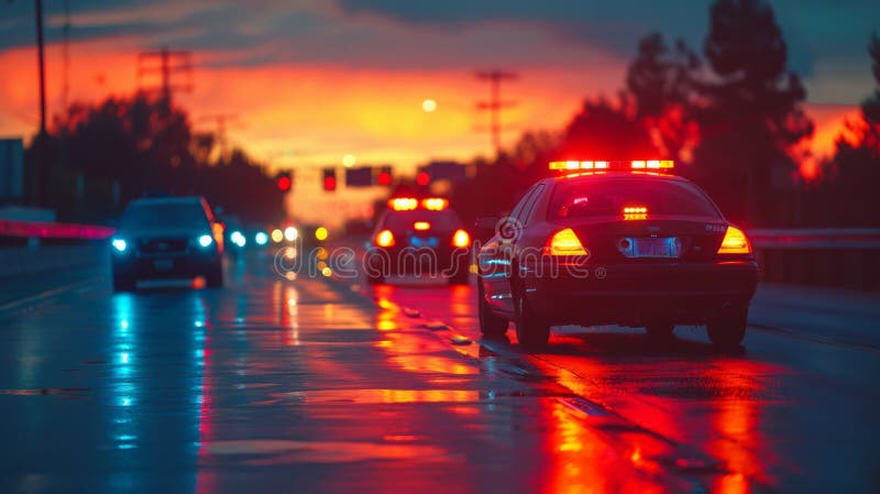 Law Enforcement Activity on an Urban Road during Dusk Stock ...