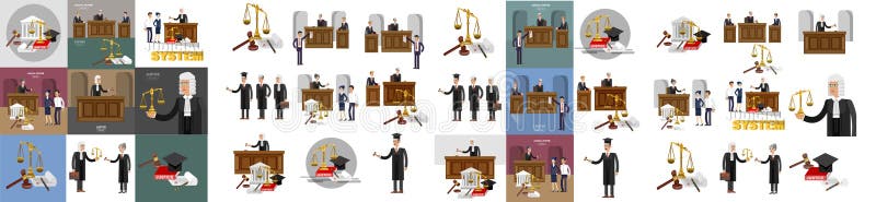 Law Horizontal Banner Set with Judical System Elements Isolated Vector ...
