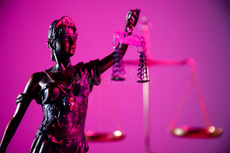Law and Judgment Concept. Figure of Lady Justice in Purple Neon Close ...