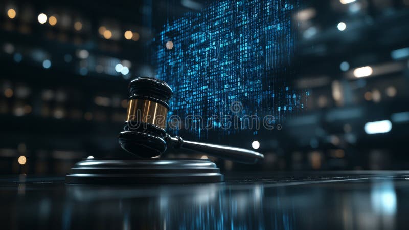 Law and Technology Judge S Gavel on Platform, Blue Binary Code Backdrop ...