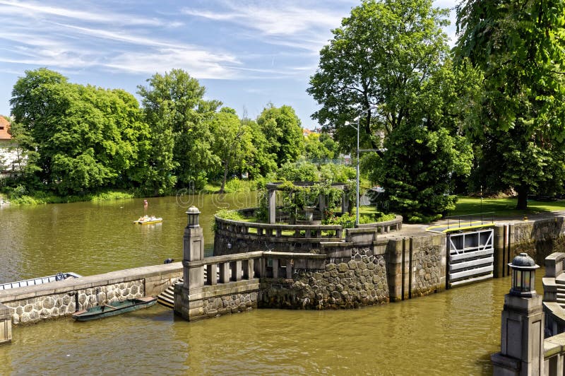 Lawn As Divider for the Path of River Stock Photo - Image of city ...