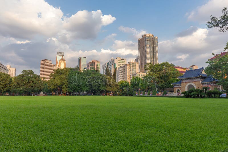 Lawn with City Building Landscape Stock Photo - Image of park, exterior ...
