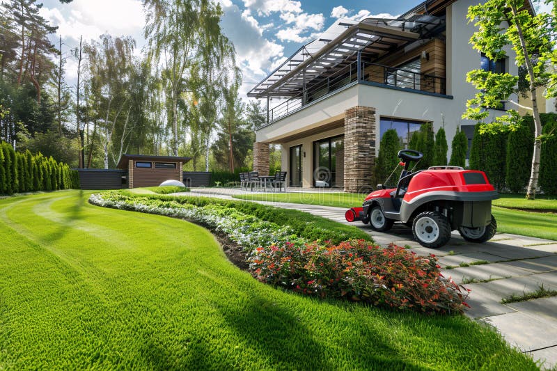 Lawn Mover on Grass in Modern Garden Stock Illustration - Illustration ...