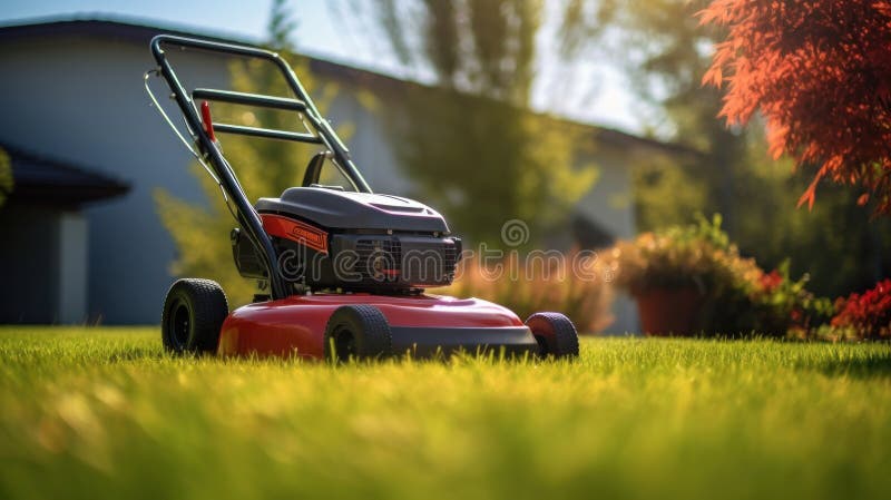 A Lawn Mover on Green Grass in Modern Garden. Machine for Cutting Lawns ...