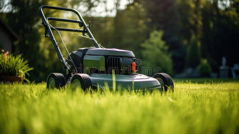A Lawn Mover on Green Grass in Modern Garden. Machine for Cutting Lawns ...