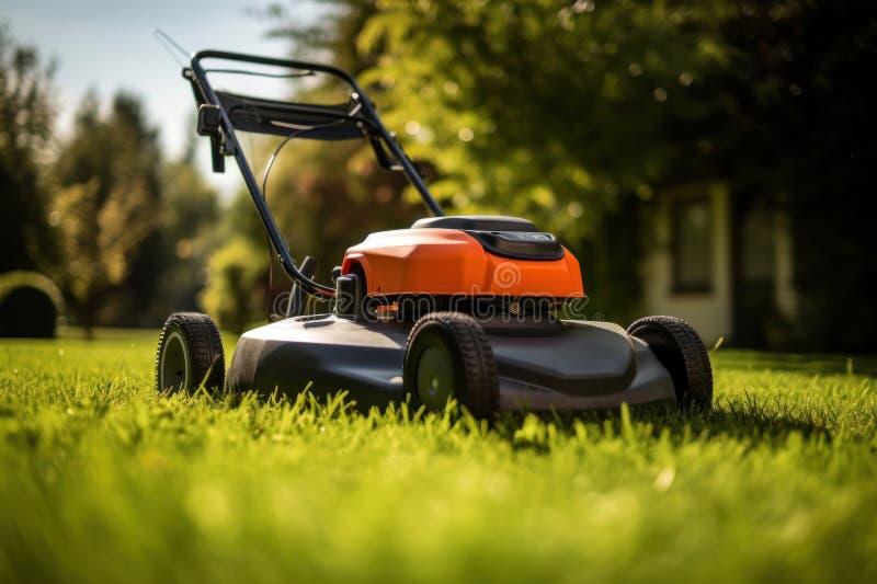 A Lawn Mover on Green Grass in Modern Garden. Machine for Cutting Lawns ...