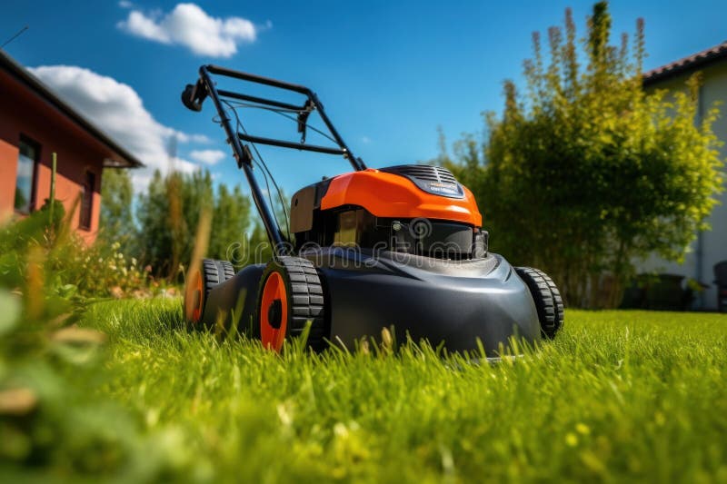 A Lawn Mover on Green Grass in Modern Garden. Machine for Cutting Lawns ...