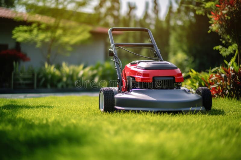 A Lawn Mover on Green Grass in Modern Garden. Machine for Cutting Lawns ...