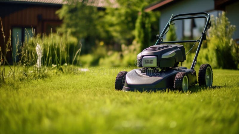 A Lawn Mover on Green Grass in Modern Garden. Machine for Cutting Lawns ...