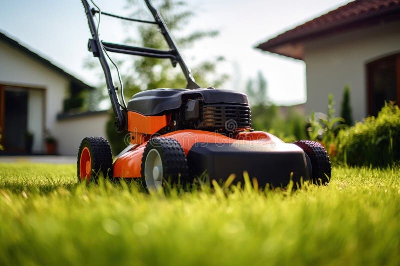 A Lawn Mover on Green Grass in Modern Garden. Machine for Cutting Lawns ...