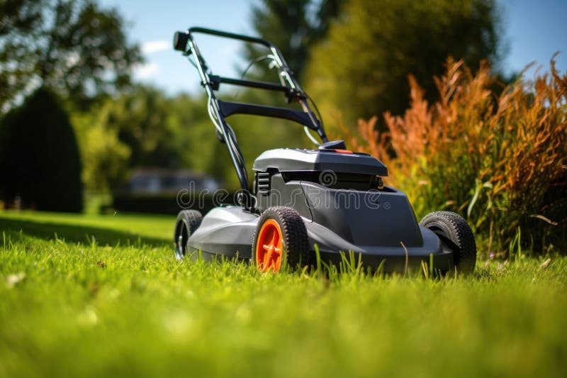A Lawn Mover on Green Grass in Modern Garden. Machine for Cutting Lawns ...