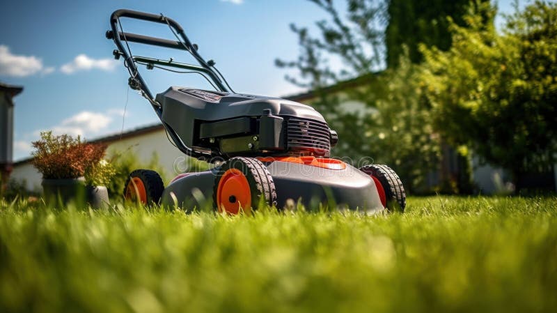 A Lawn Mover on Green Grass in Modern Garden. Machine for Cutting Lawns ...