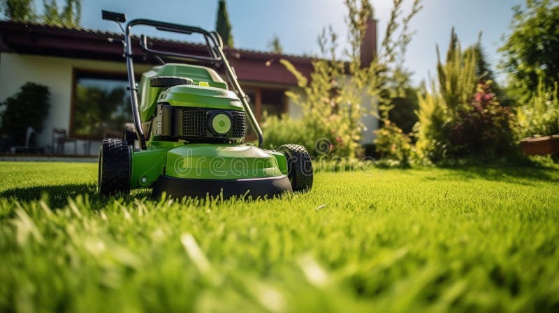 A Lawn Mover on Green Grass in Modern Garden. Machine for Cutting Lawns ...