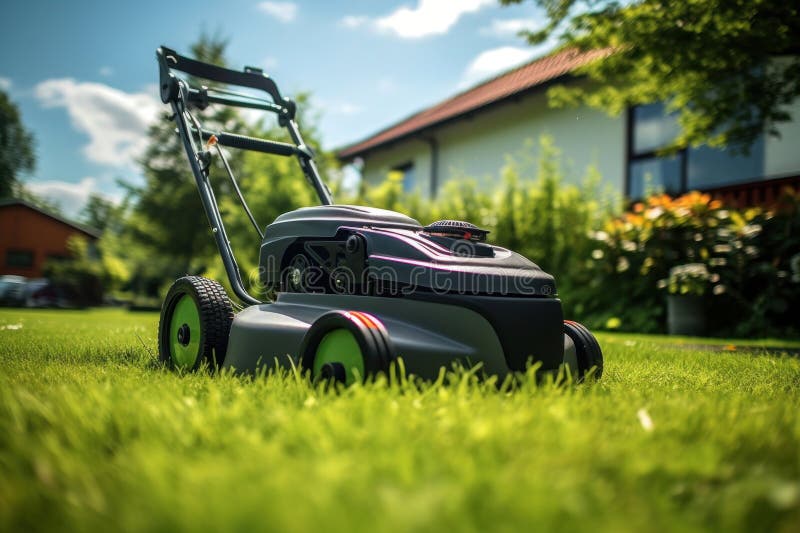 A Lawn Mover on Green Grass in Modern Garden. Machine for Cutting Lawns ...