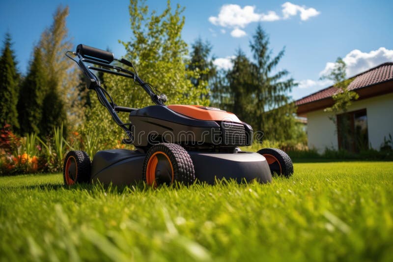 A Lawn Mover on Green Grass in Modern Garden. Machine for Cutting Lawns ...