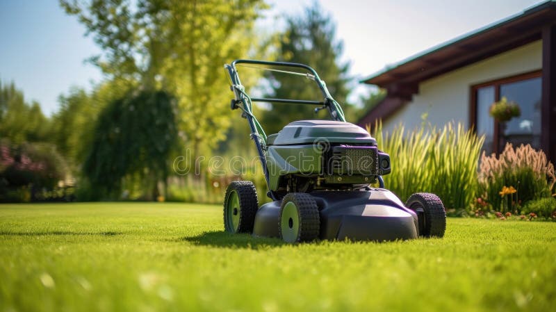 A Lawn Mover On Green Grass In Modern Garden Machine For Cutting Lawns Stock Image Image Of