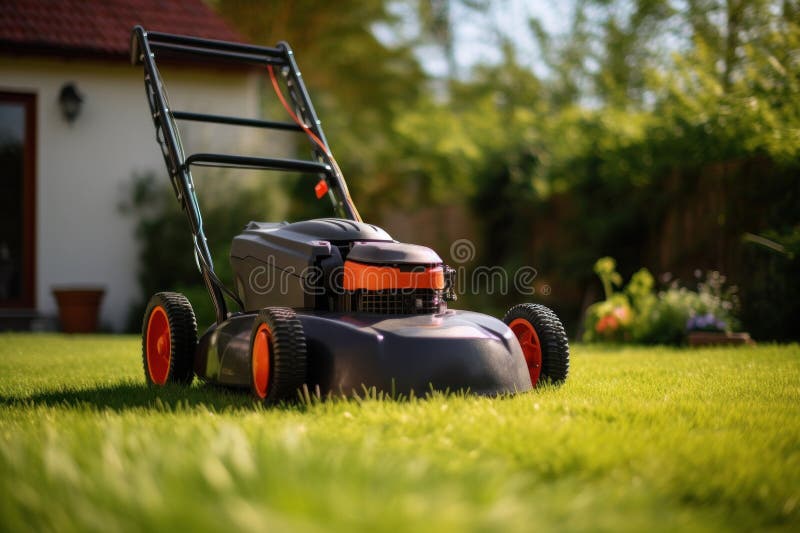 A Lawn Mover on Green Grass in Modern Garden. Machine for Cutting Lawns ...