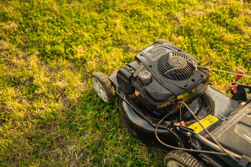 Lawn Mover on Green Grass in Modern Garden. Stock Image - Image of ...