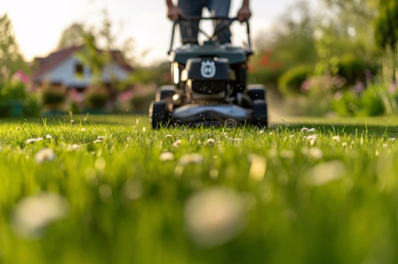 Lawn Mower in the Garden Mowing the Grass Mowing the Lawn Stock ...