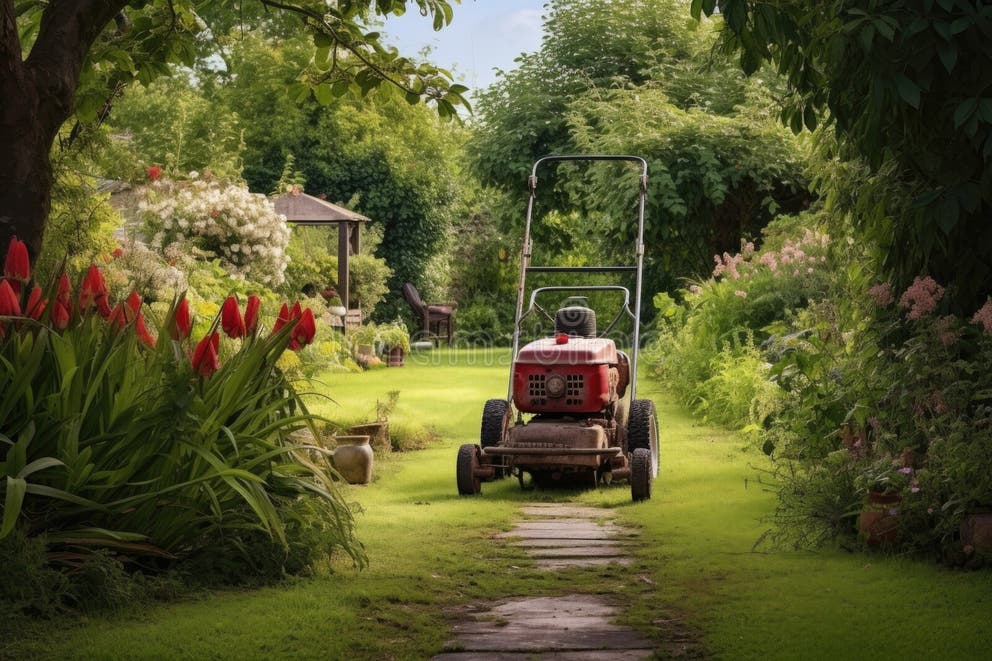 Lawn Mower Grass Around a Garden Path Stock Illustration - Illustration ...