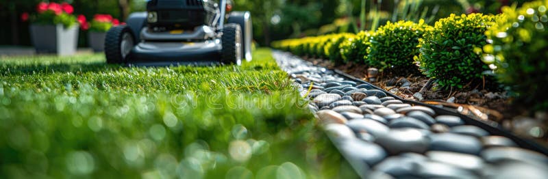 A Lawn Mower on the Grass in Front of Some Trees and Bushes. Banner ...