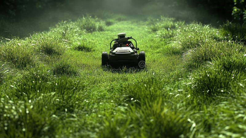 Lawn Mower in a Grassy Path Surrounded by Trees Stock Illustration ...